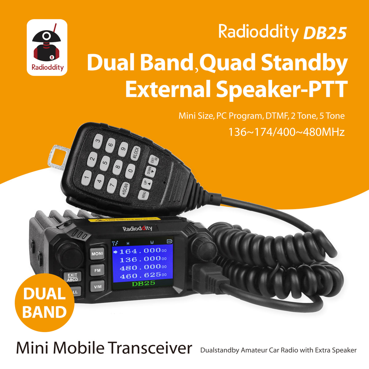 DB25 Pro Dual Band Quad-standby Mini Mobile Radio + 50W Antenna + Cabl– Radioddity