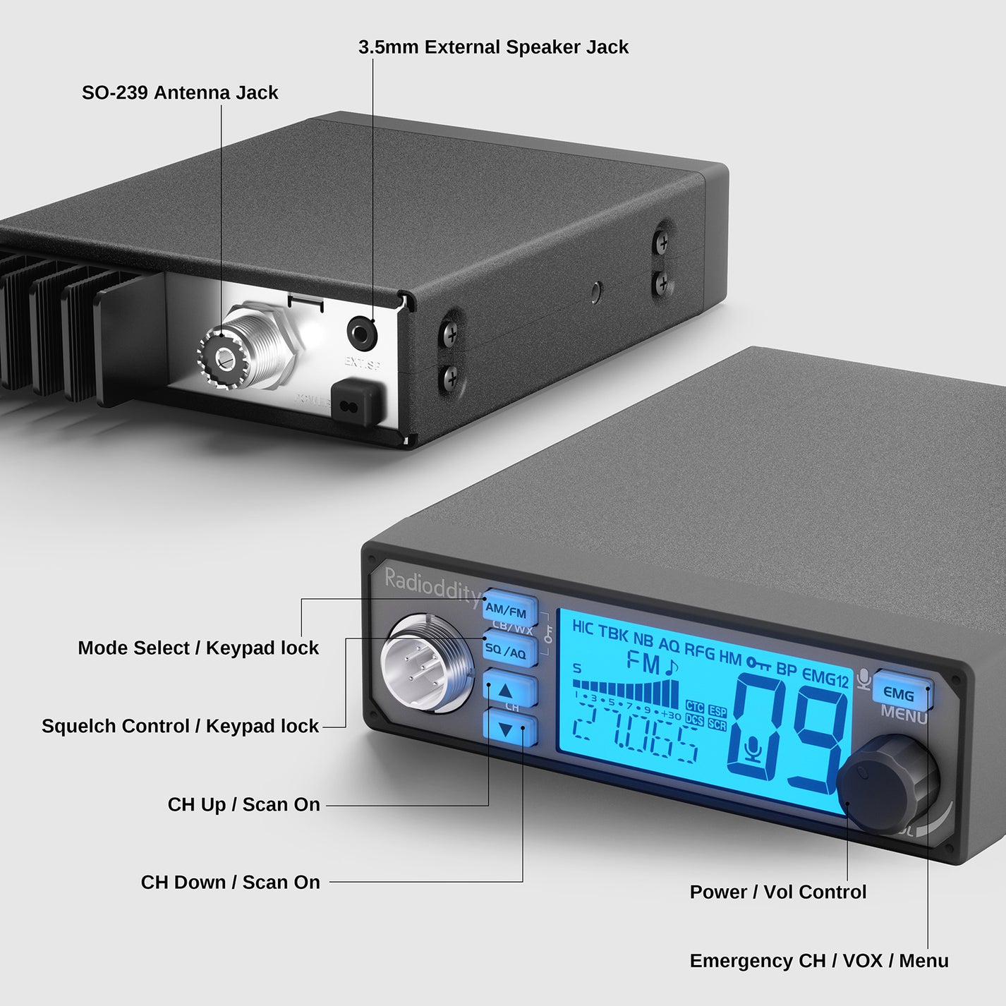 Radioddity CB-500 CB Radio | 4W | AM FM | Noise Reduction | 7 Color Ba
