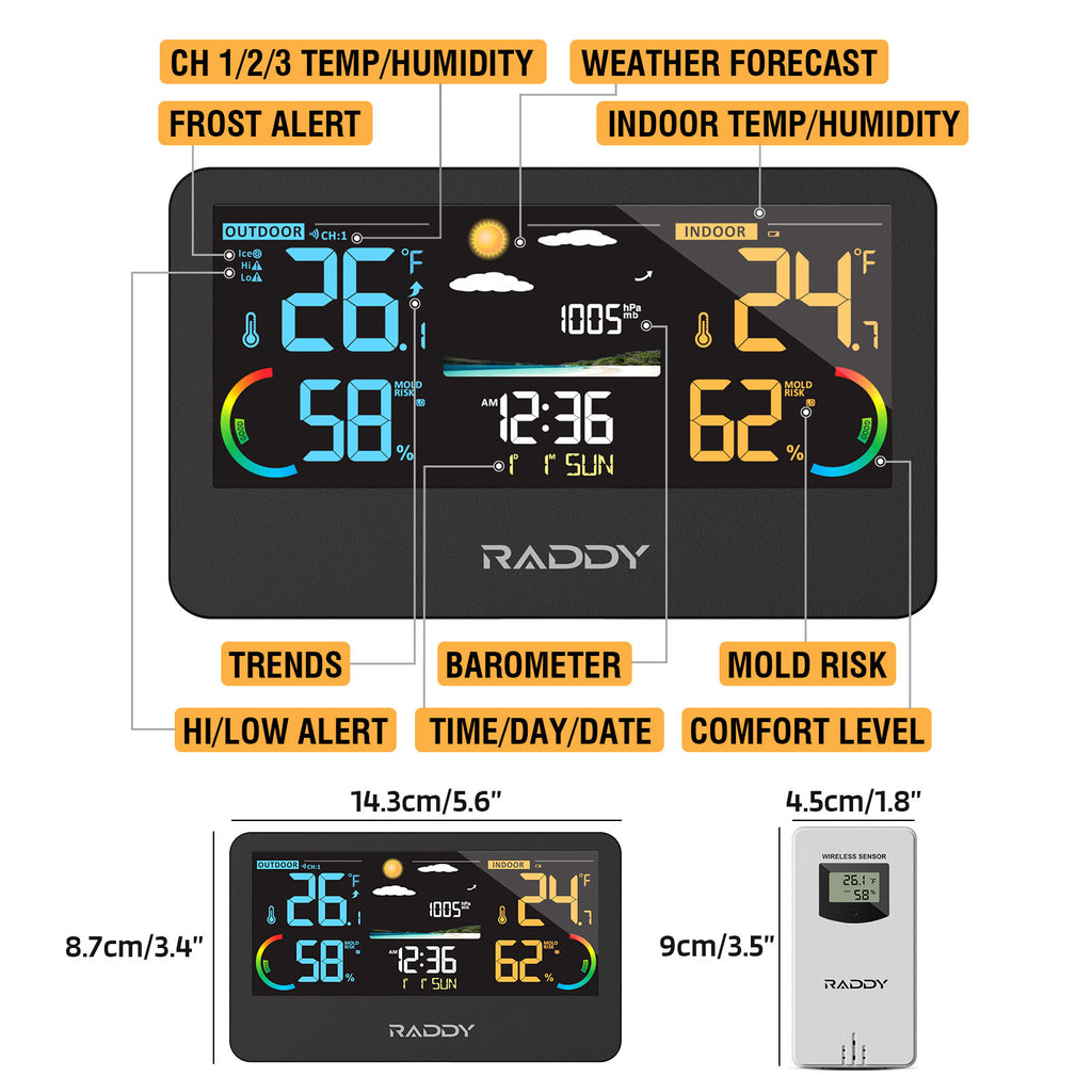 Raddy WF-55C Pro Weather Station | Wireless Thermometer Hygrometer | B ...