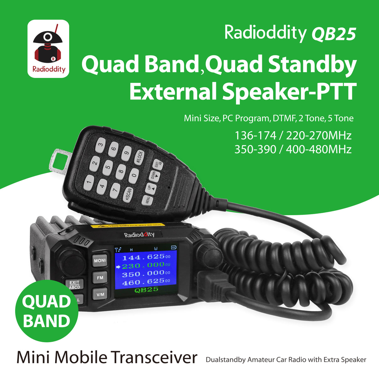QB25 Pro Quad Band Mini Mobile Radio+ Cable + 50W Antenna – Radioddity